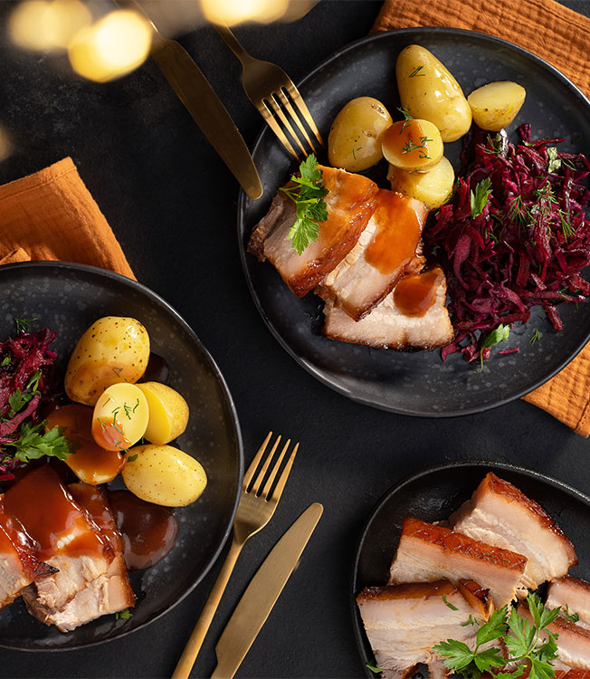 Roasted pork belly with beetroot and red cabbage salad | Recipe | Kikkoman